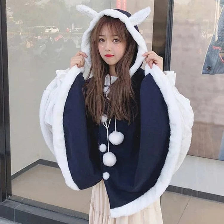 Bunny Ears Plush Pom Pom Drawstring Hoodie Cloak Coat – Meowhiskers