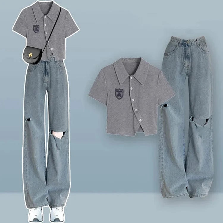 Preppy Embroidery Collar Polo T-Shirt Ripped Denim Pants Two Piece Set ...