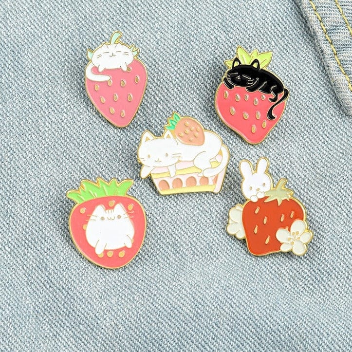 Sweet Strawberry Cat Bunny Enamel Pins – Meowhiskers